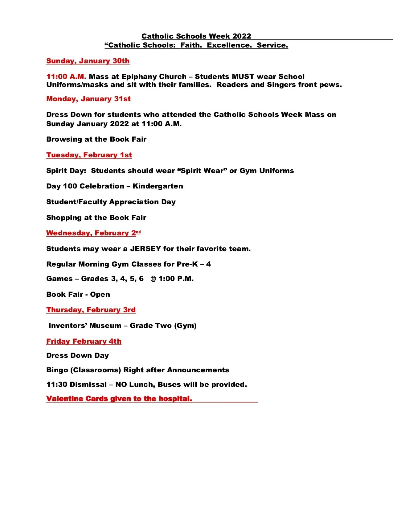 Catholic Schools Week Schedule — The Epiphany School
