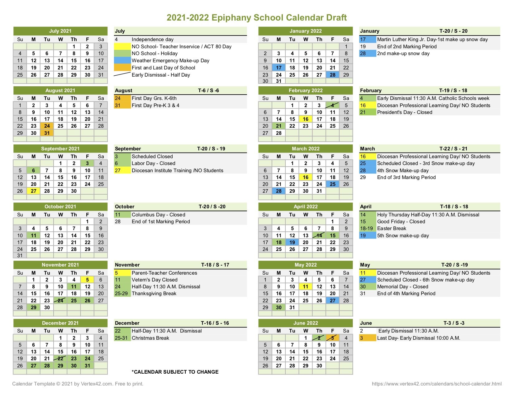 2021-2022 School Calendar (Draft) — The Epiphany School