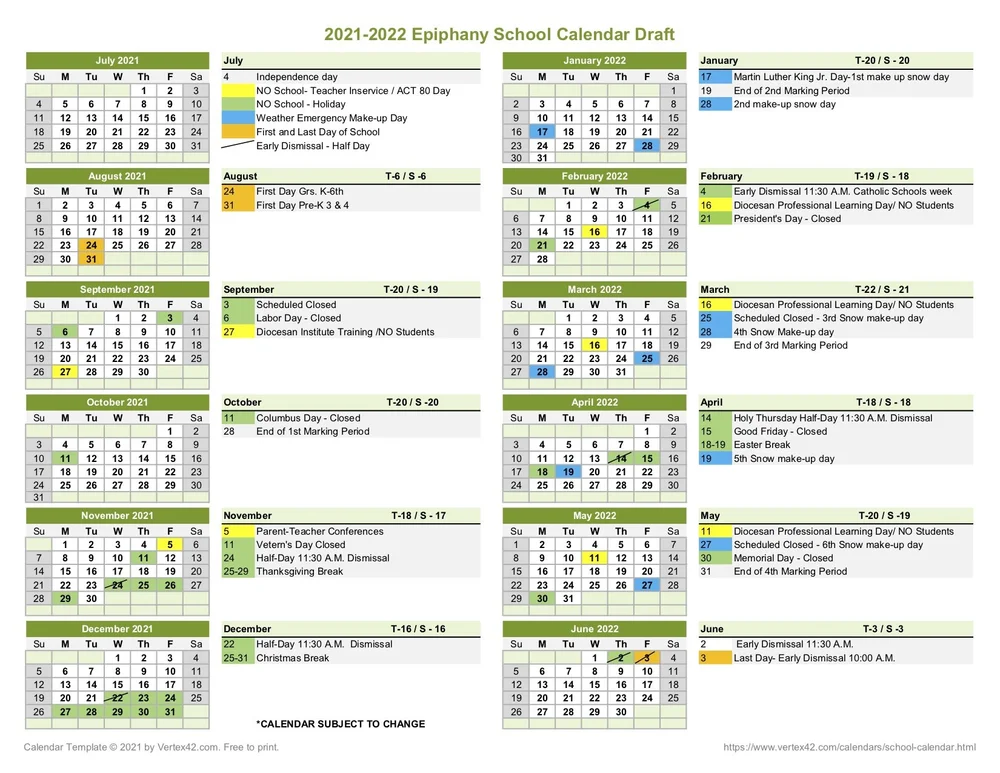 2021-2022 School Calendar (Draft) — The Epiphany School