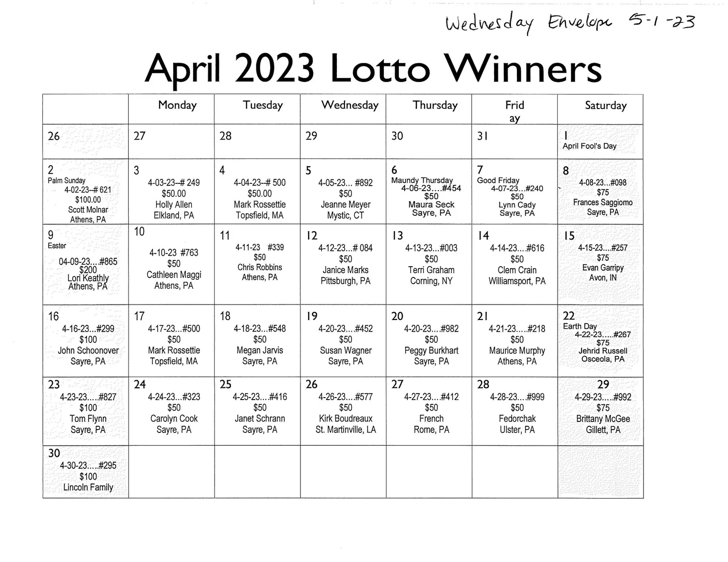 April Lotto Calendar — The Epiphany School