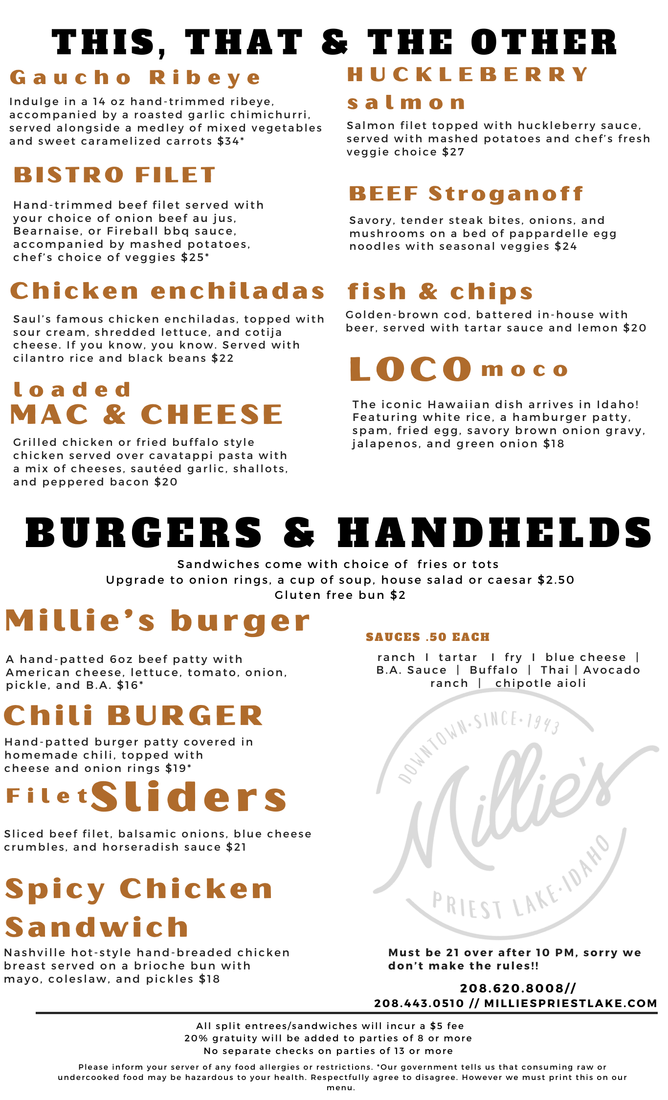 Menu — Millie's Priest Lake