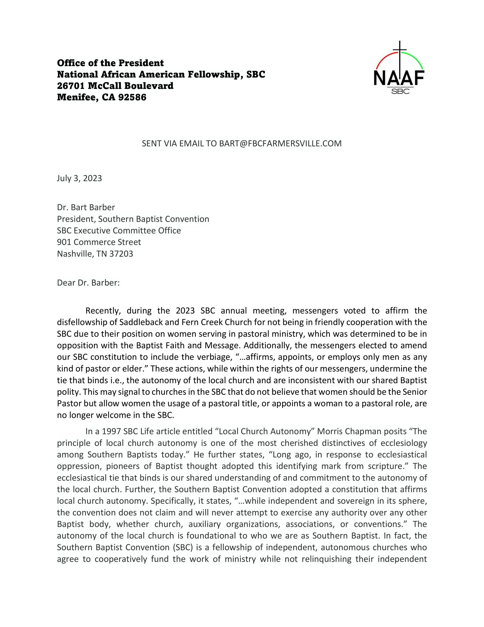 Letter to the SBC — National African American Fellowship - SBC