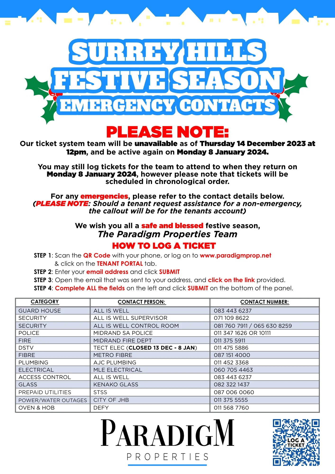 After Hours Emergency Contact Details — PARADIGM PROPERTIES