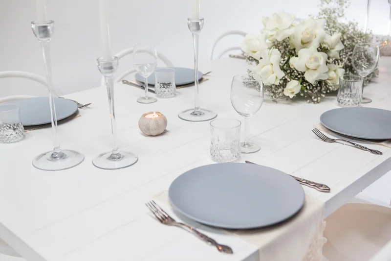 White Wooden Dining Tables — Maisey Event Hire