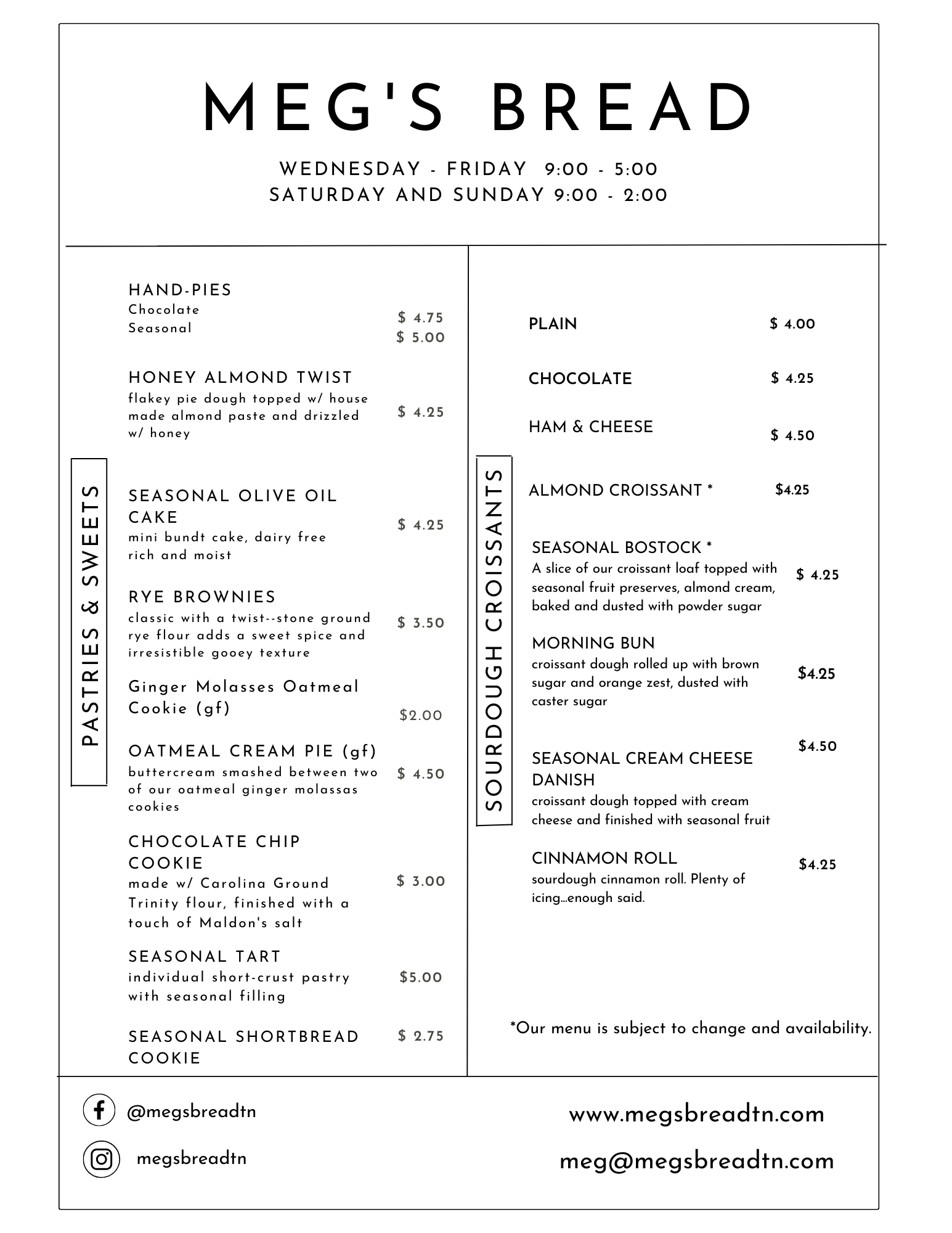 Menu — Meg's Bread