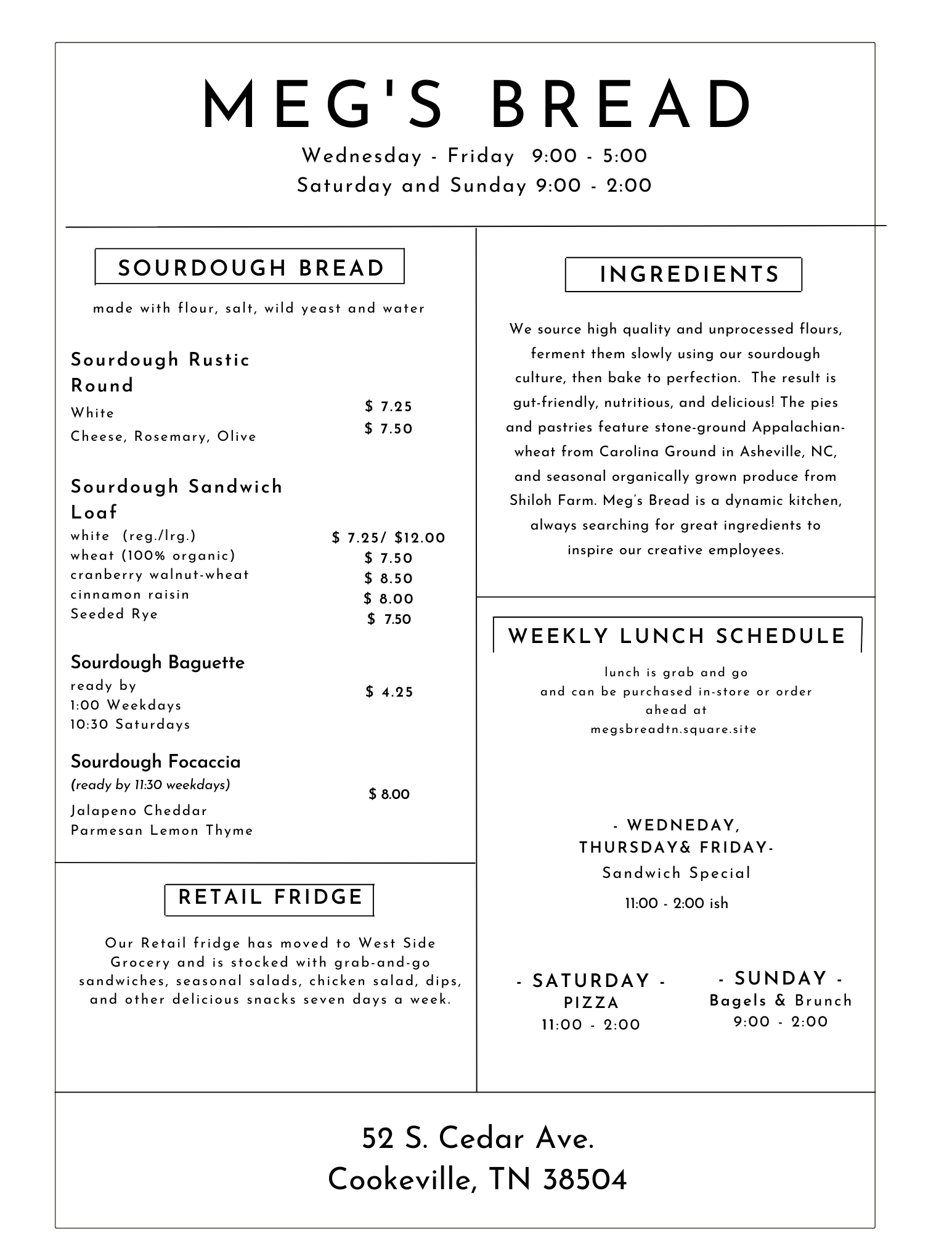 Menu — Meg's Bread