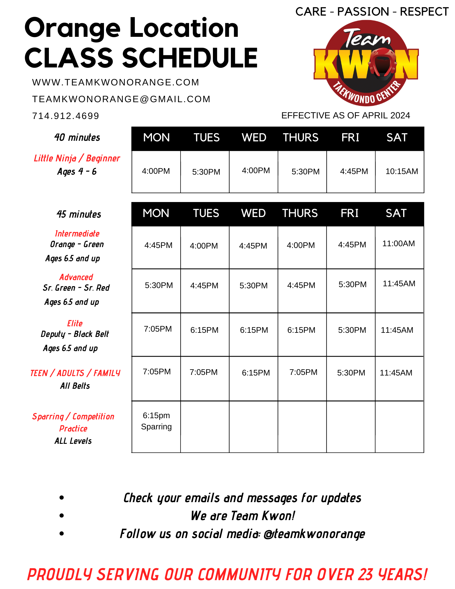 Schedule — Team Kwon Tae Kwon Do, Orange
