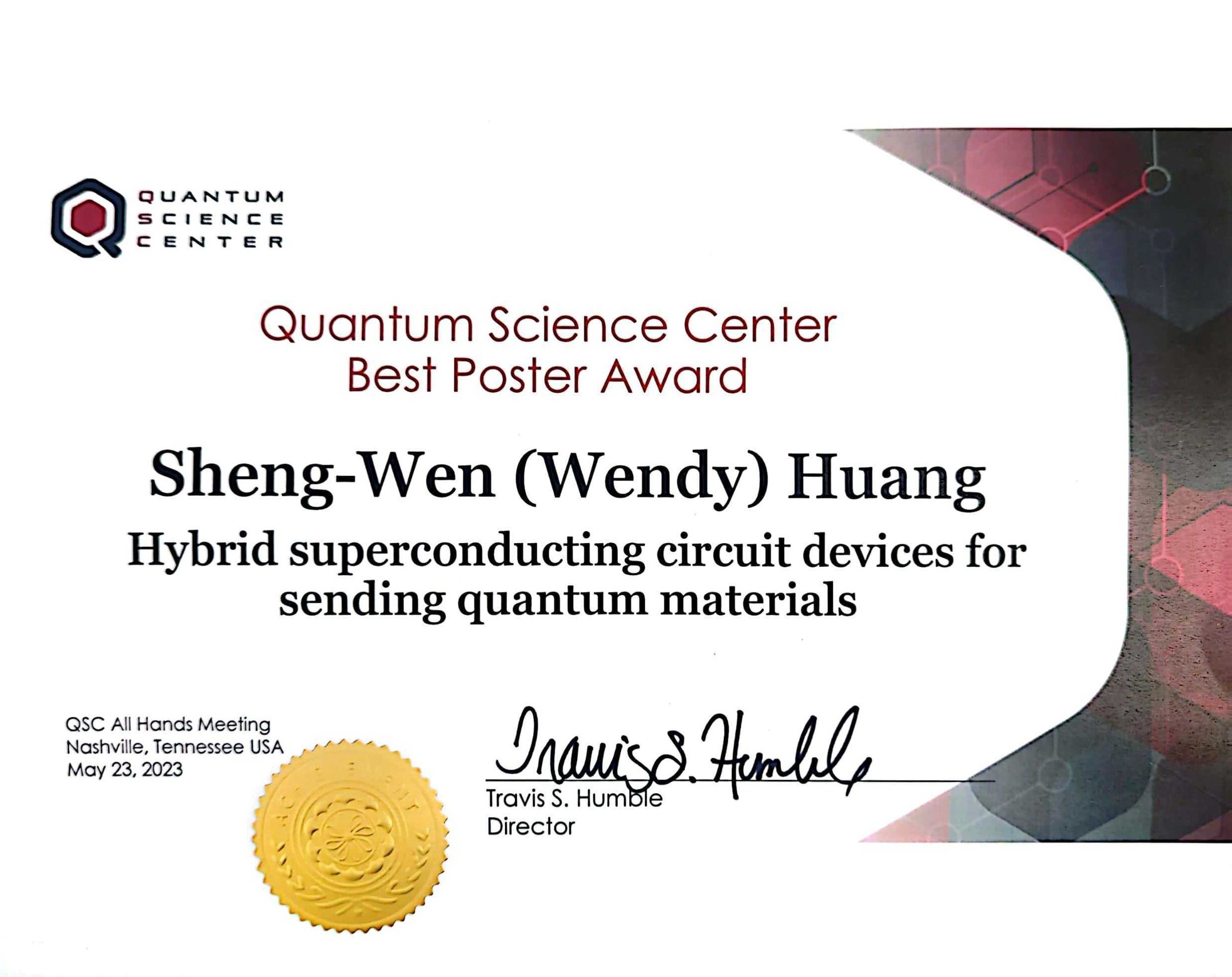 Wendy receives QSC Poster Award! — Ma Lab @ Purdue