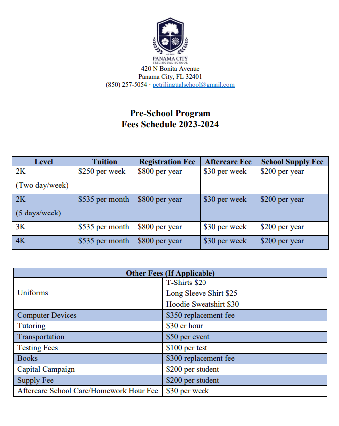 Tuition — PANAMA CITY TRILINGUAL SCHOOL