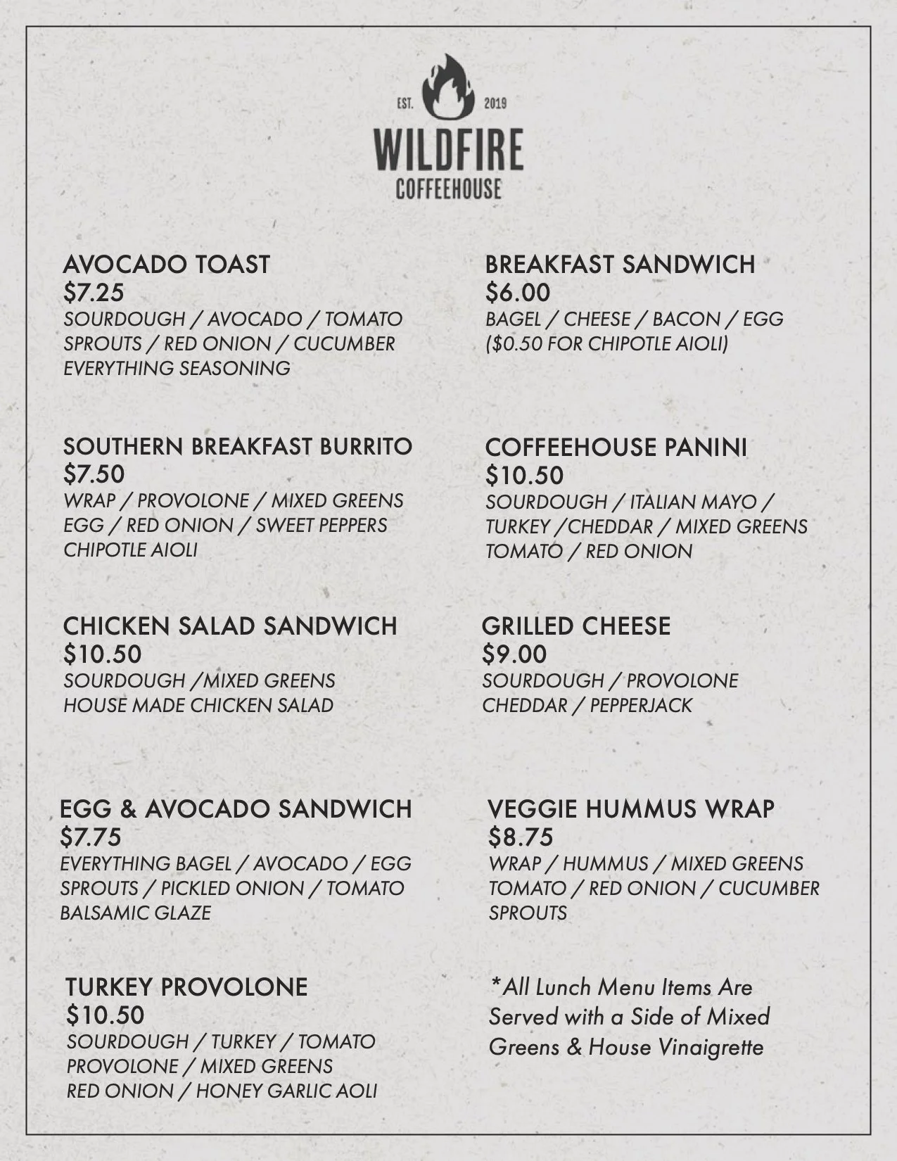 MENU — Wildfire Coffeehouse