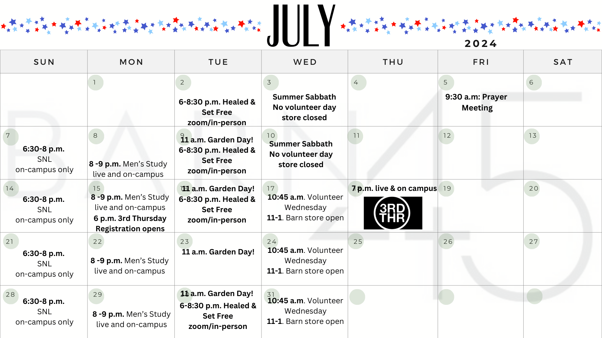 Monthly Calendar — Barn45