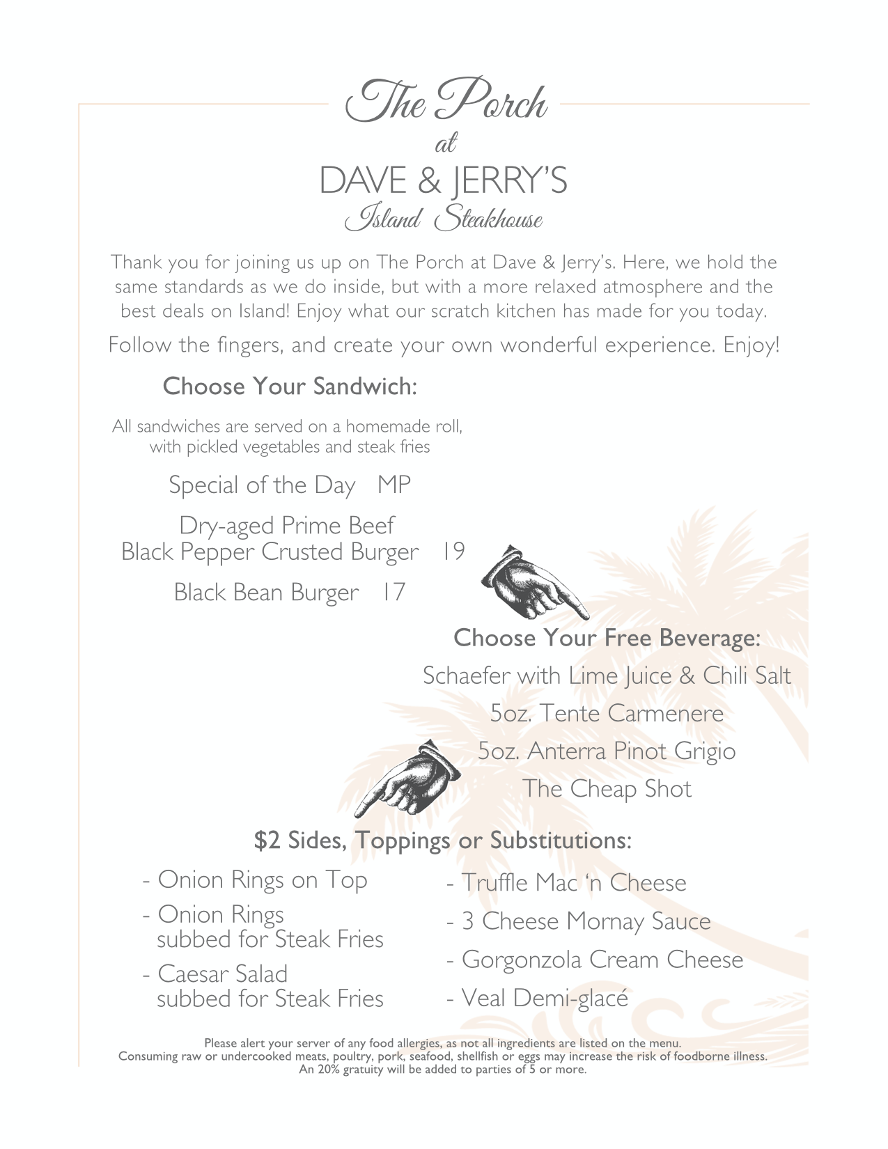 The Porch Menu — Dave & Jerry's Island Steakhouse