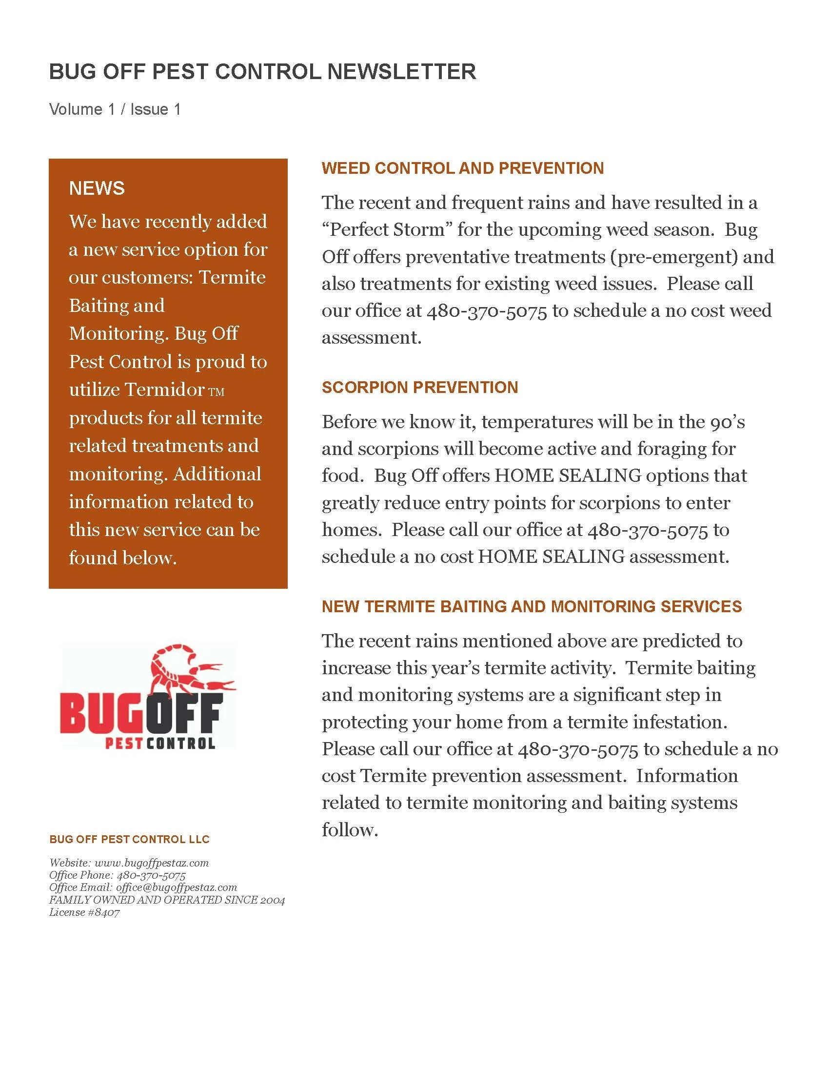 Monthly Newsletters — Bug Off Pest Control, East Valley, Arizona