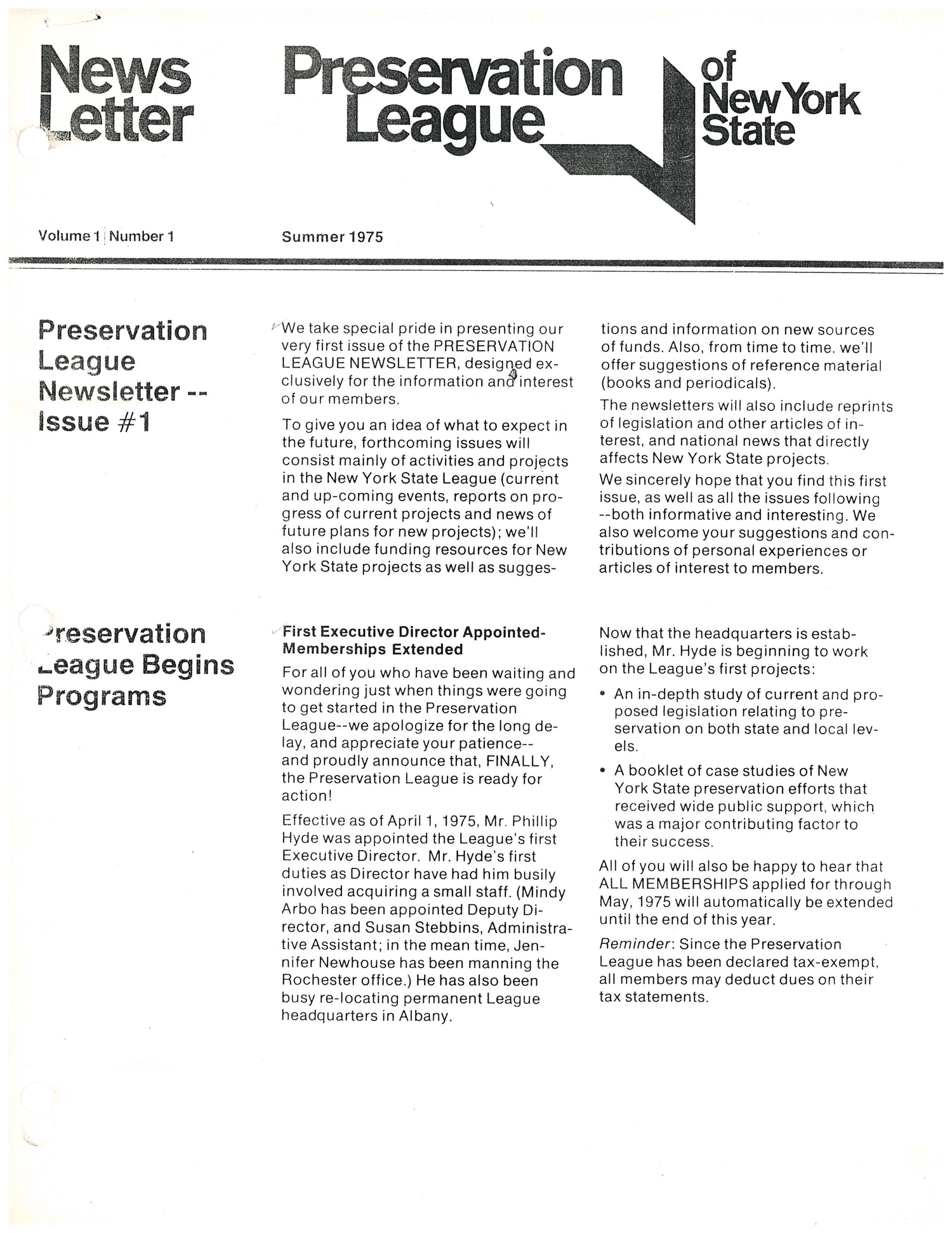 The League's First Newsletter (1975) — Preservation League of NYS