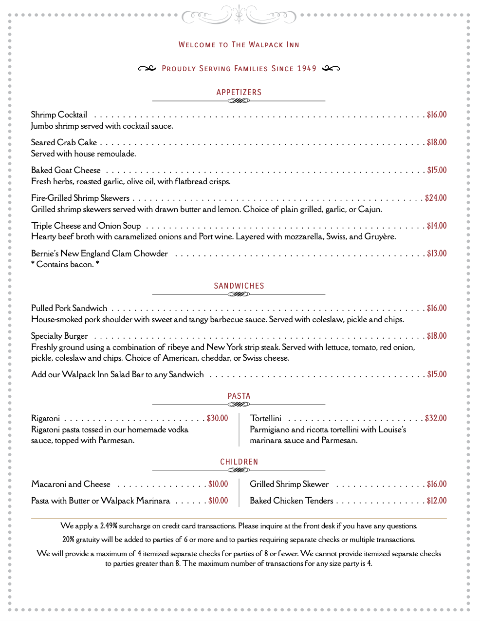 View the Menu — The Walpack Inn