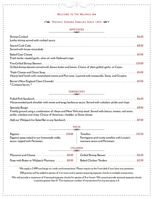 View the Menu — The Walpack Inn