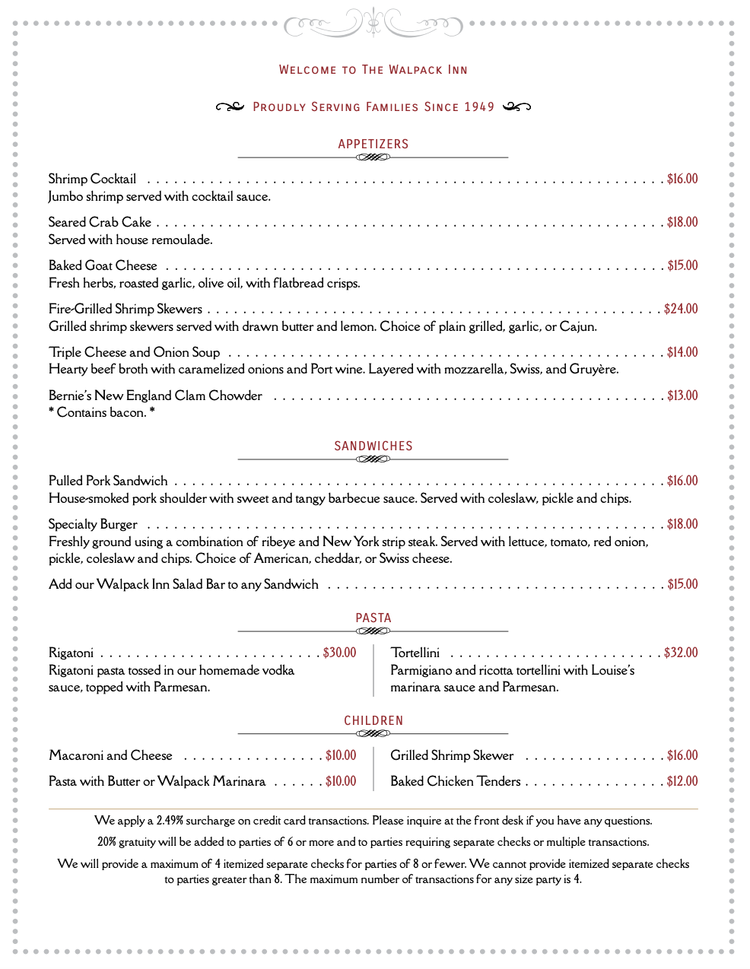 View the Menu — The Walpack Inn