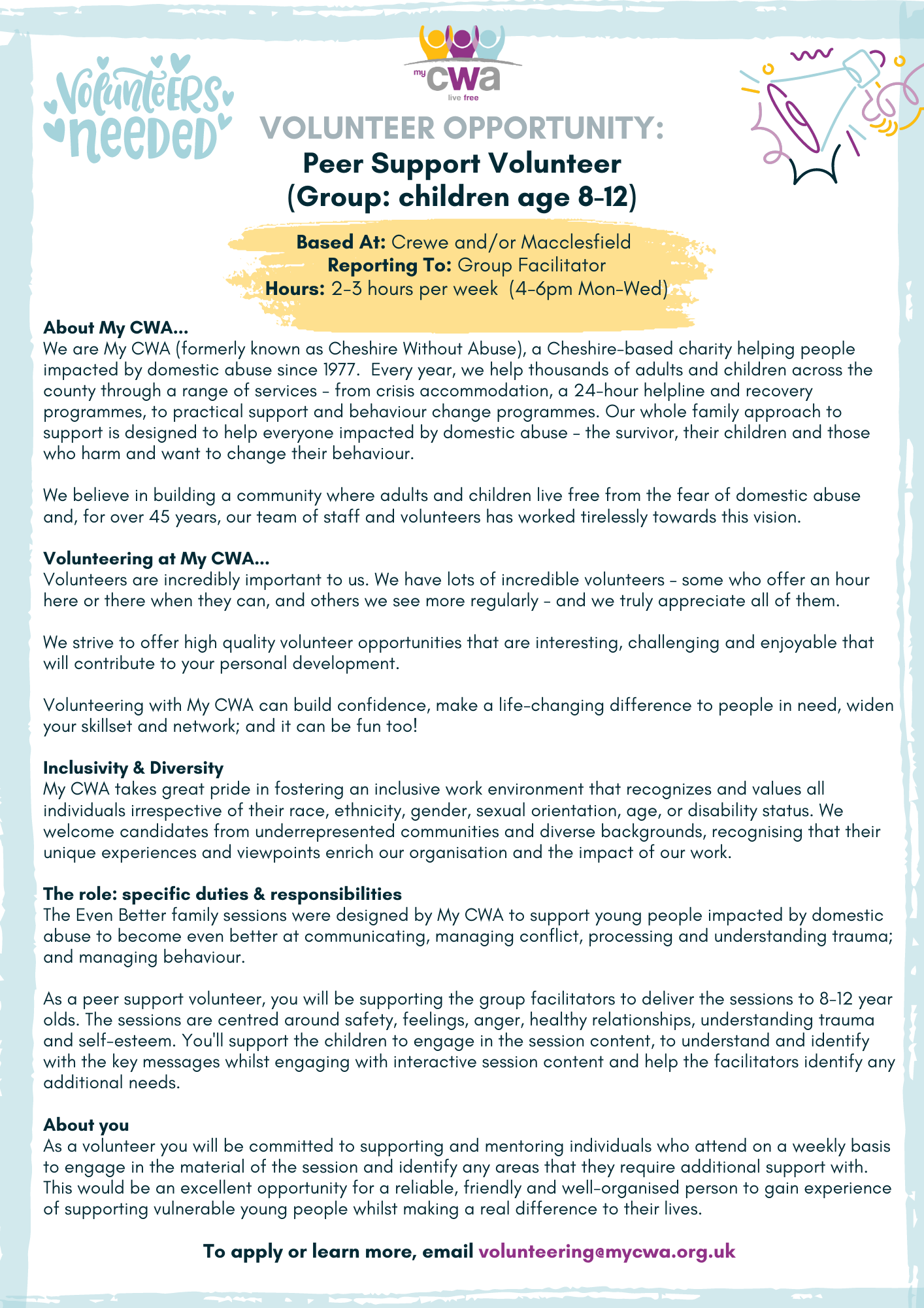 Peer Support Group Volunteer (children 8–12) | My CWA, Cheshire