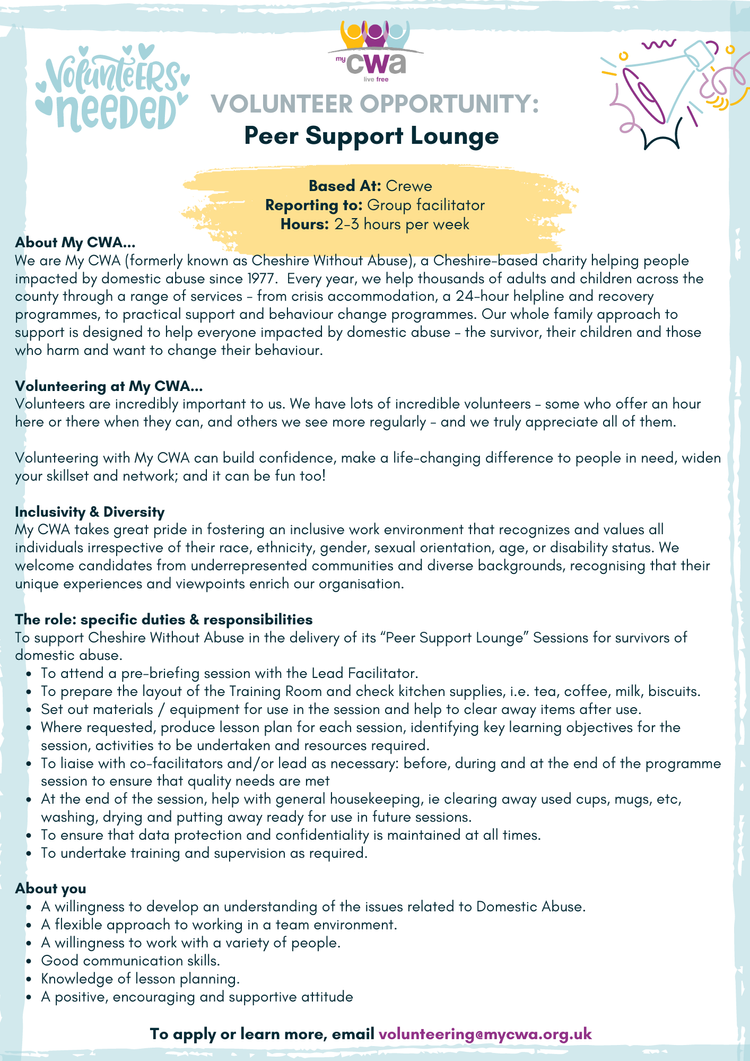 Peer Support Lounge Volunteer | My CWA, Cheshire
