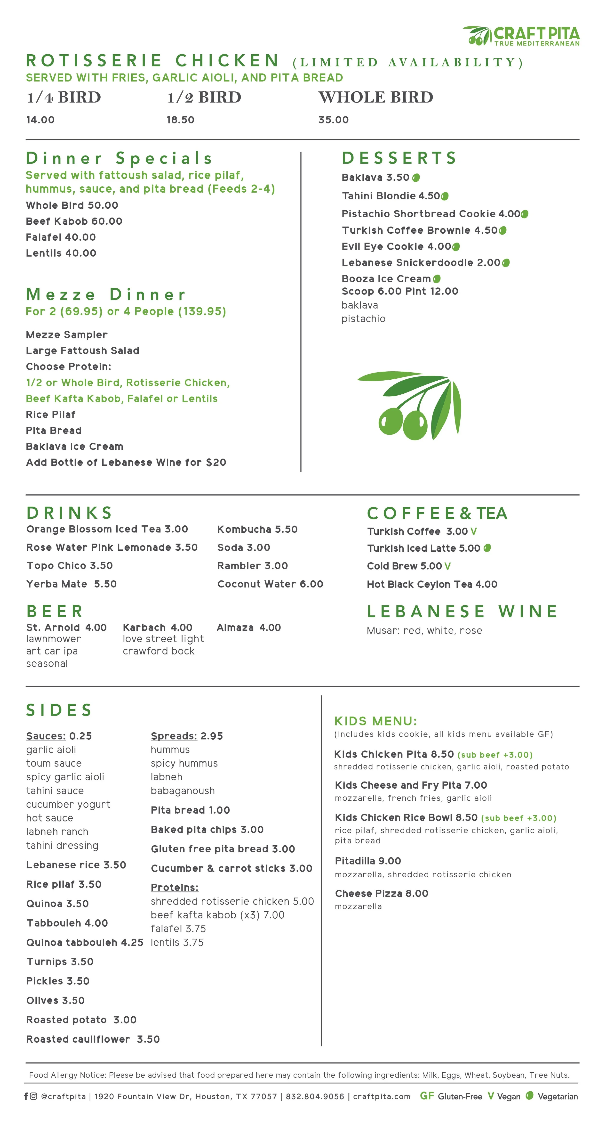 Menu — Craft Pita | Houston's True Mediterranean for Lunch or Dinner