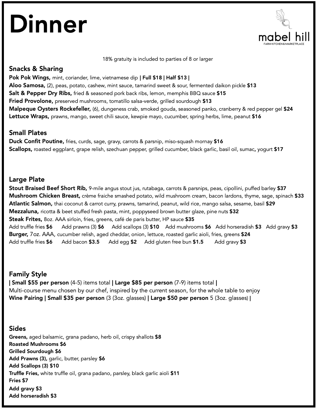 Dinner Menu — Mabel Hill