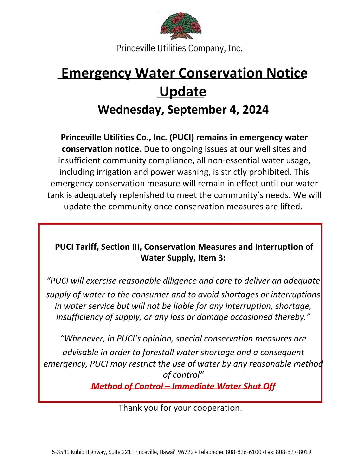 Emergency Water Conservation Update — Princeville Utilities Company Inc.