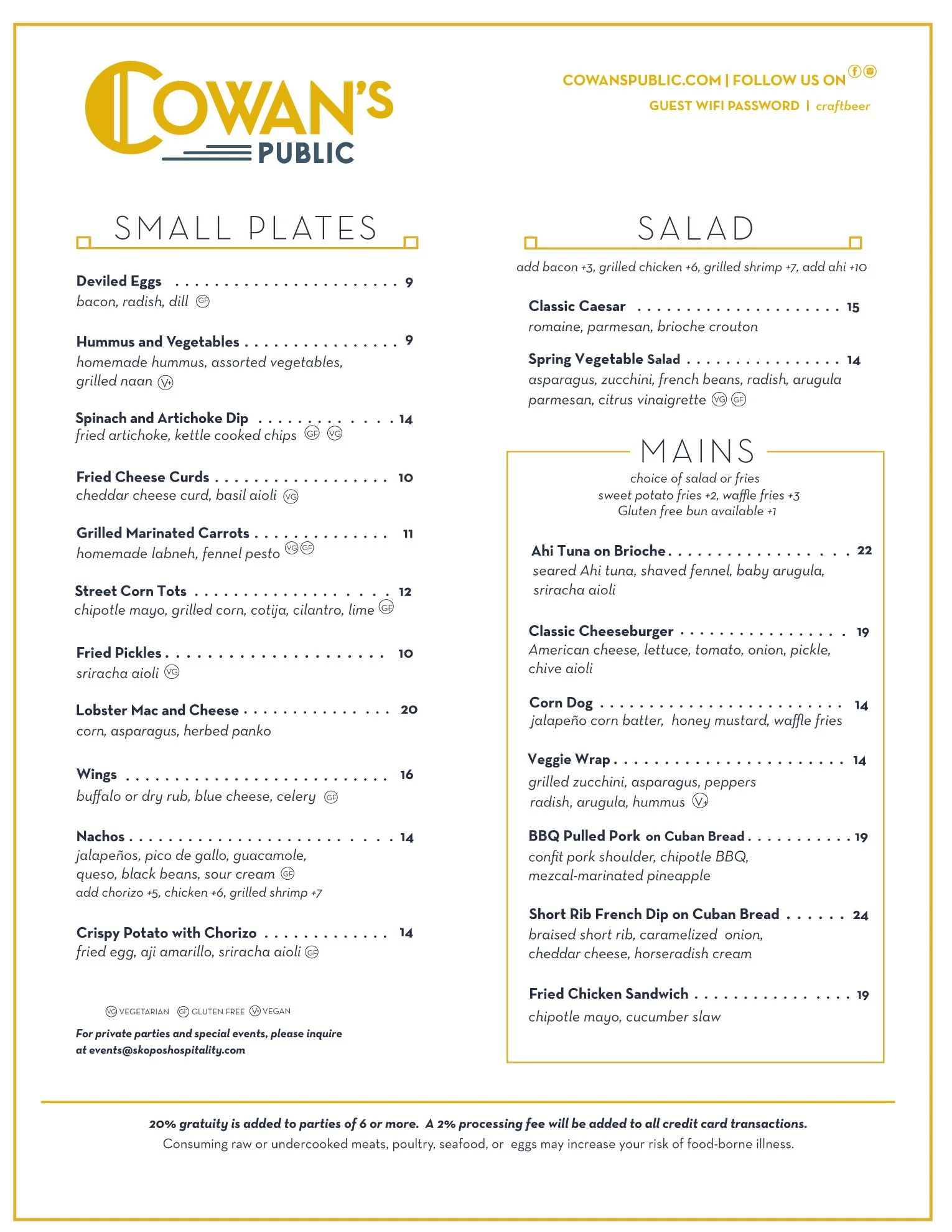 Dinner Menu — Cowan's Public