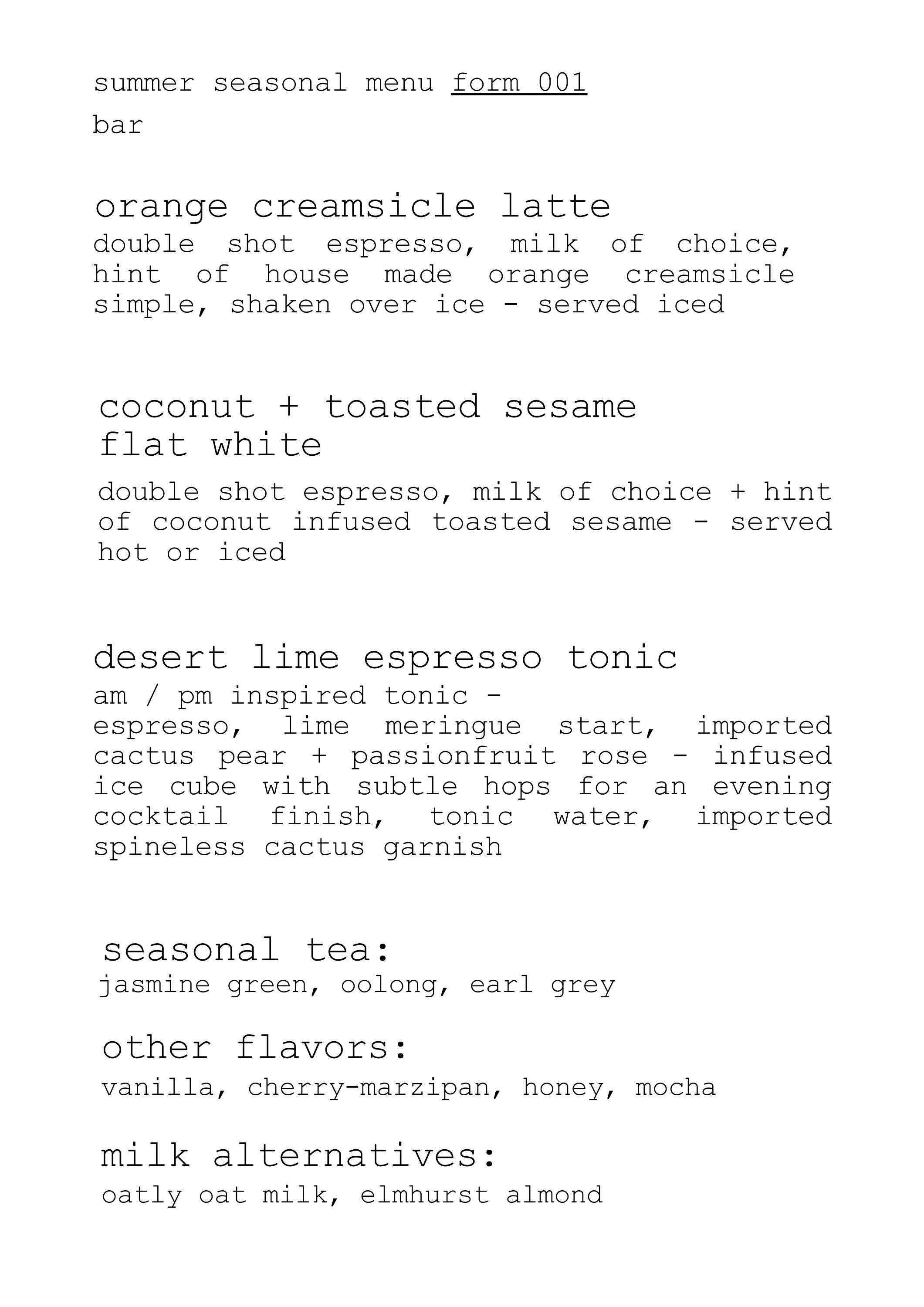 SEASONAL MENU — Iris Coffee Lab