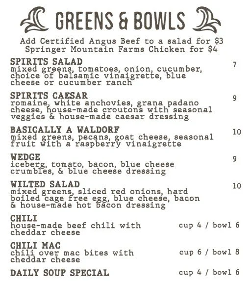 Food Menu — Spirits Tavern
