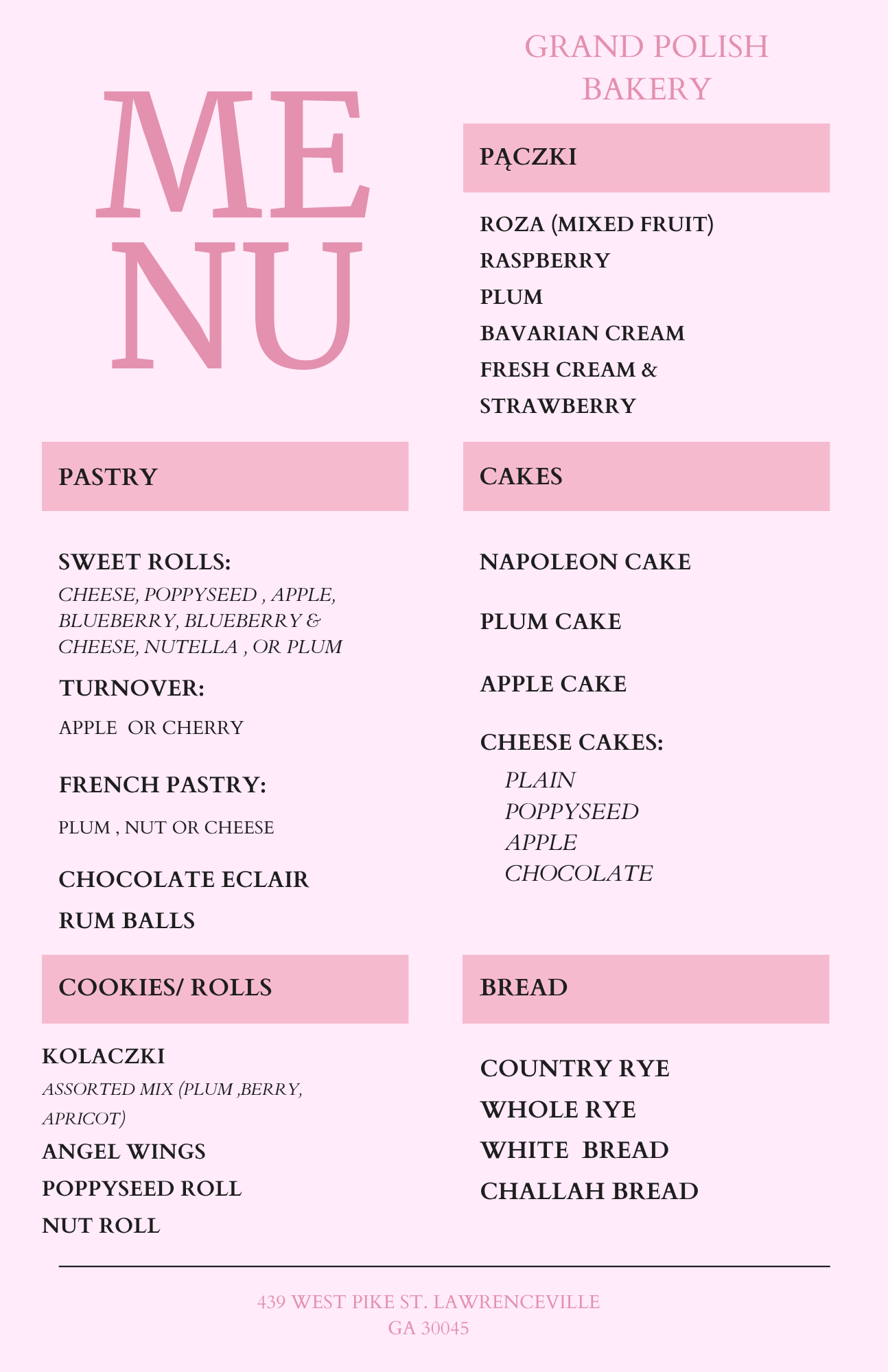 Festival Menu — Grand Polish Bakery & Store