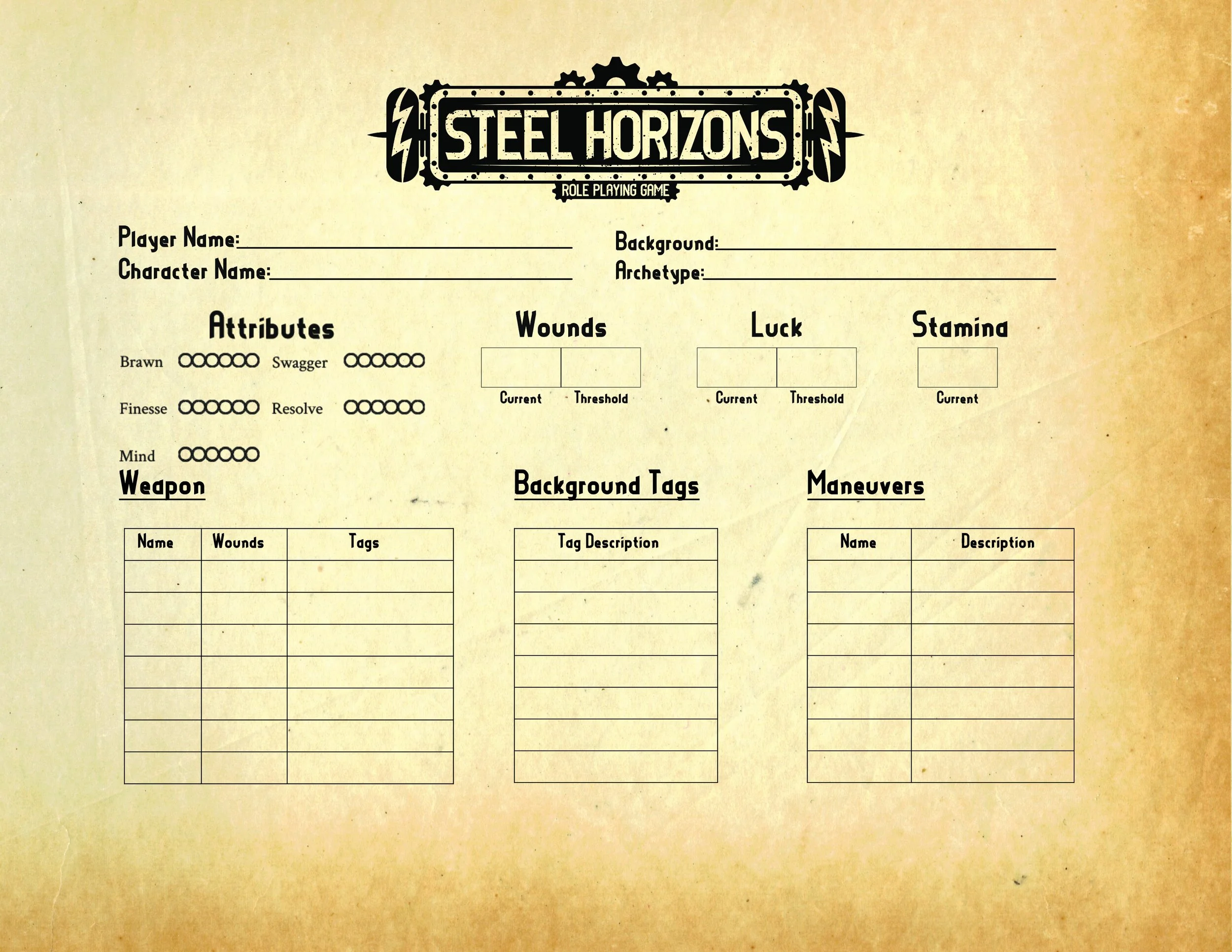 Steel Horizons Character Sheet - Wandering Pilgrim Games