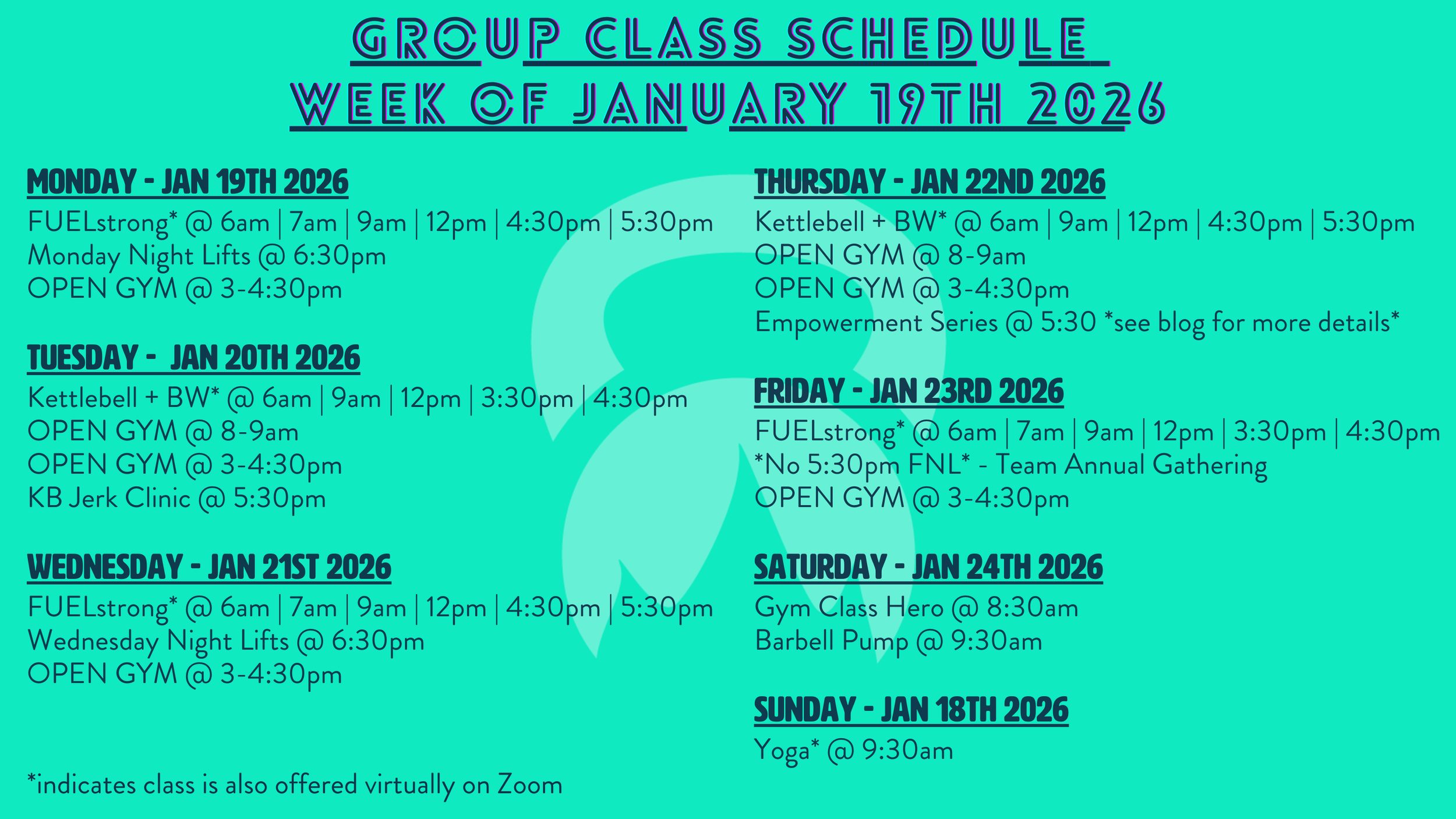 Group Class Schedule + Programming: Week of 01/19/26 — Fuelhouse Gym