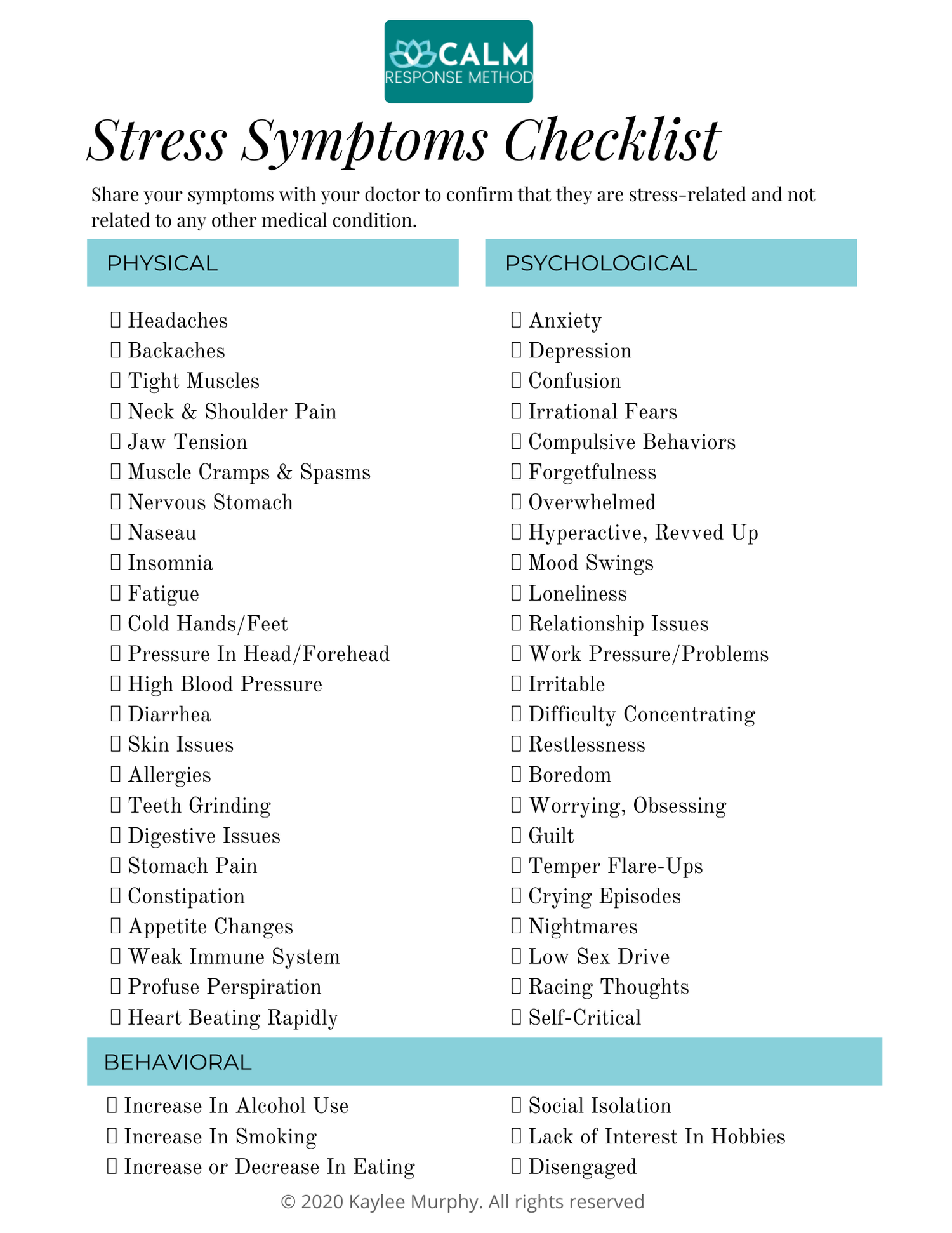 Stress Symptom Checklist — Kaylee Murphy, LICSW