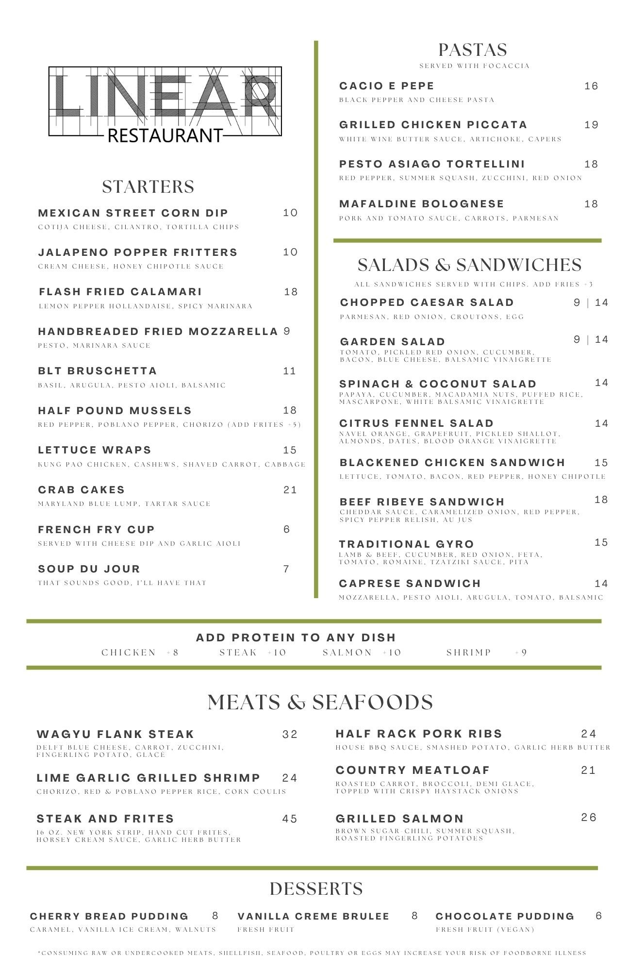 Dinner Menu — Linear Restaurant