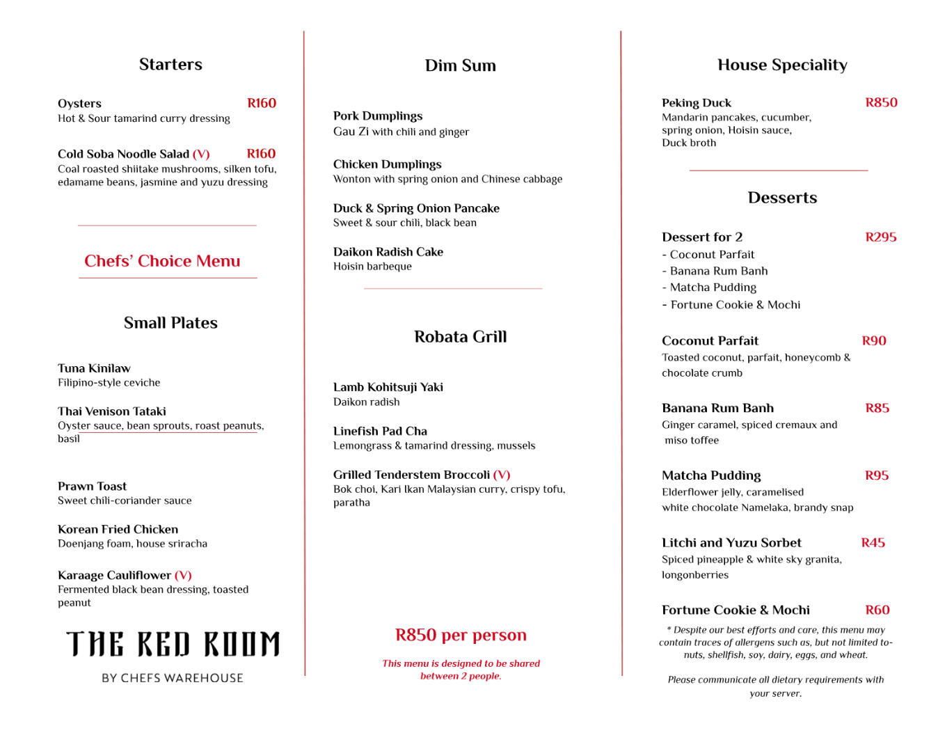 Menu: The Red Room — Chefs Warehouse
