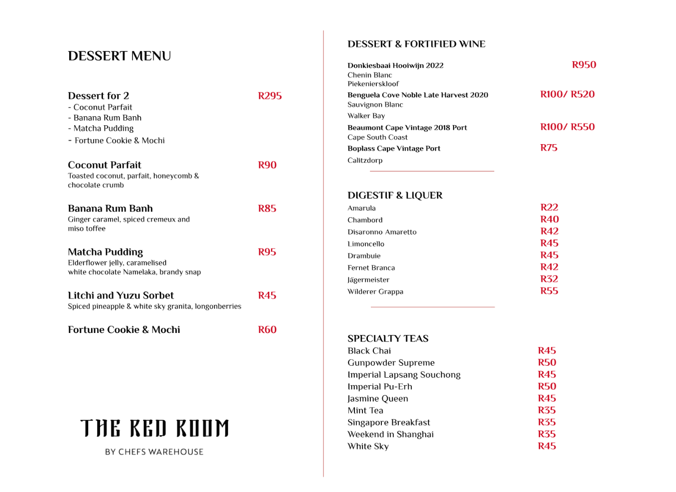 Menu: The Red Room — Chefs Warehouse