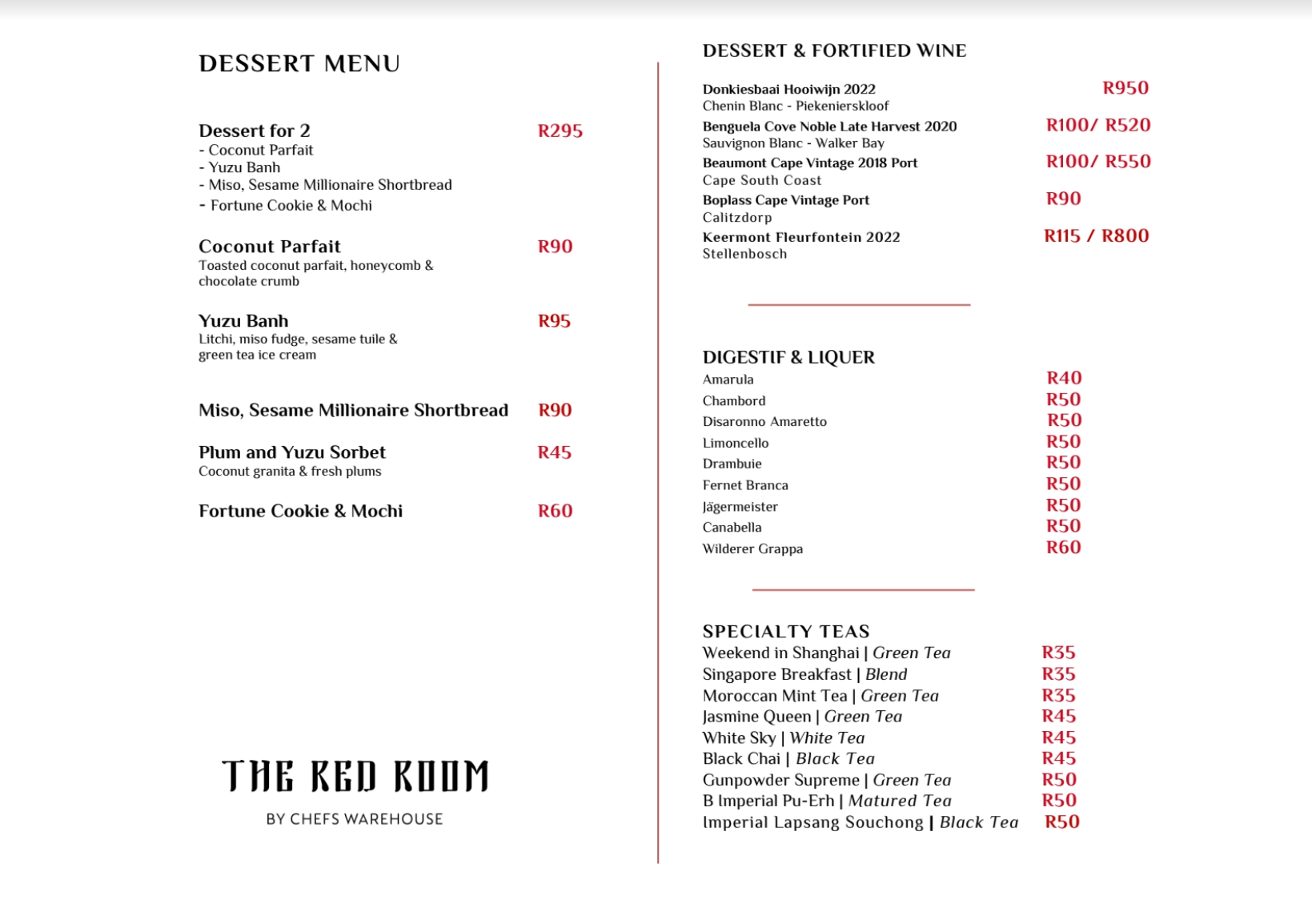 Menu: The Red Room — Chefs Warehouse