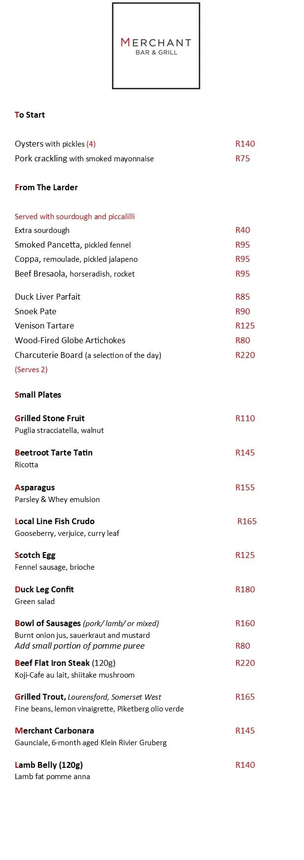Menu: Merchant Bar & Grill — Chefs Warehouse