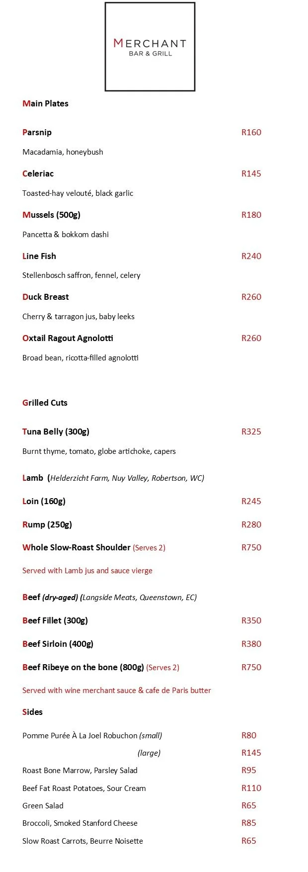 Menu: Merchant Bar & Grill — Chefs Warehouse