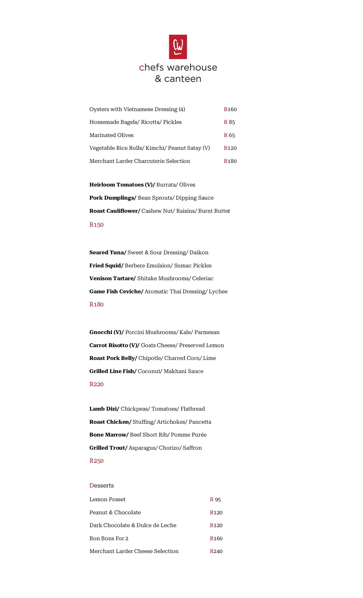 Menu: Chefs Warehouse & Canteen — Chefs Warehouse