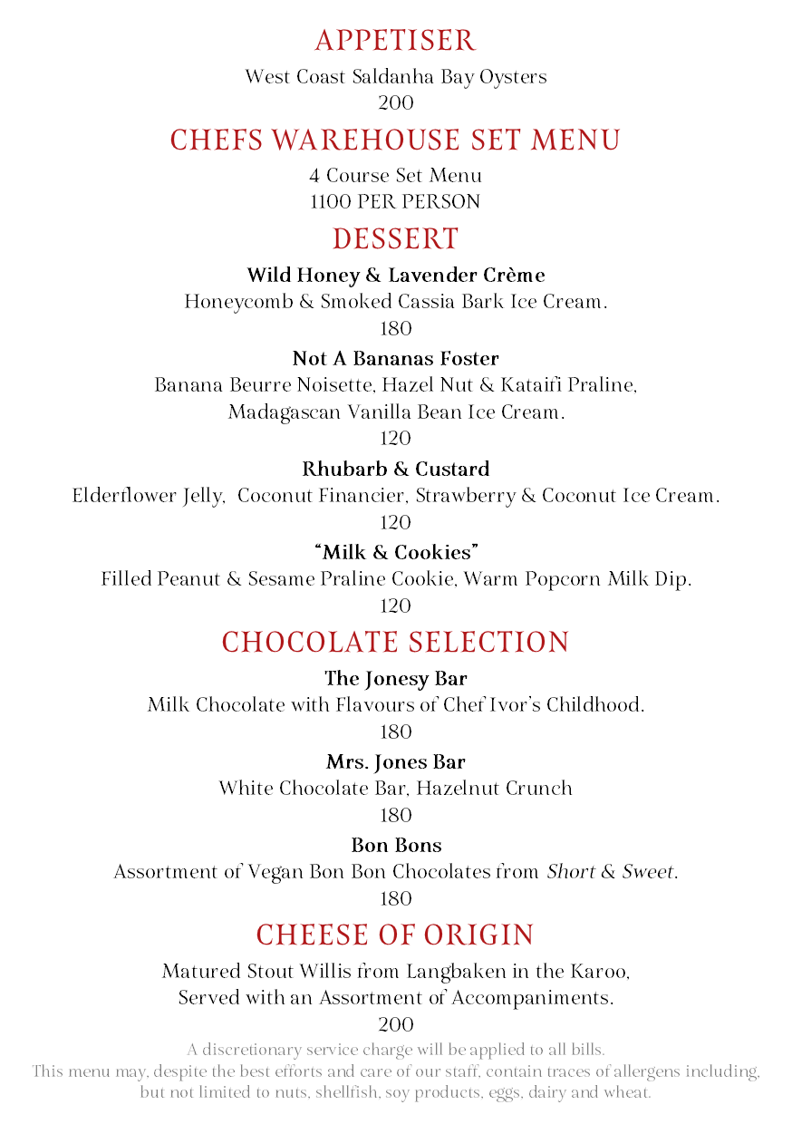 Beau Constantia menu — Chefs Warehouse