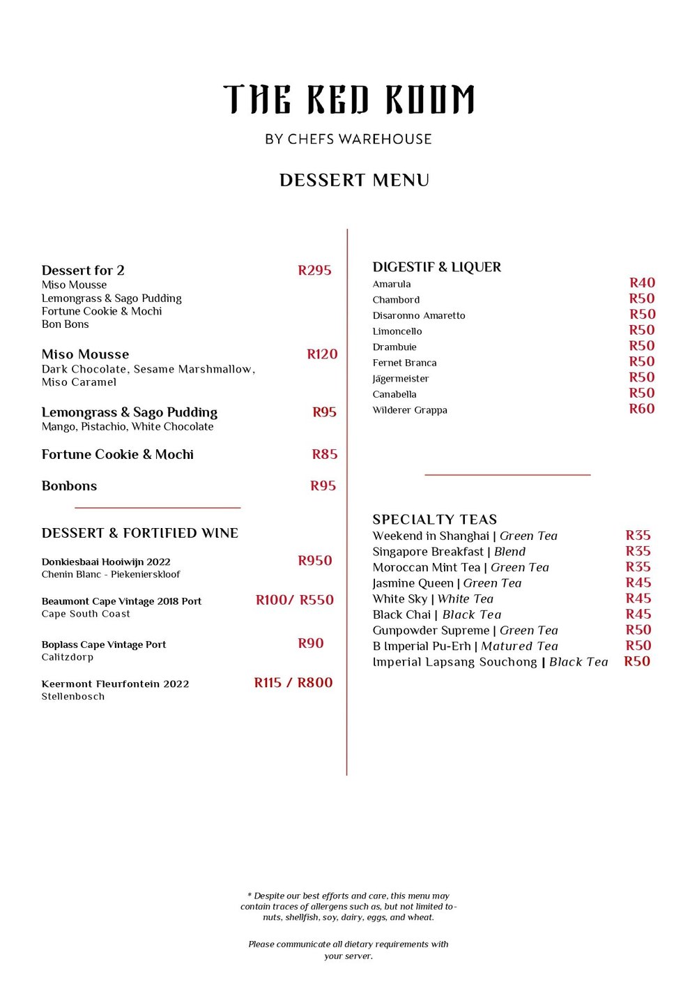 Menu: The Red Room — Chefs Warehouse