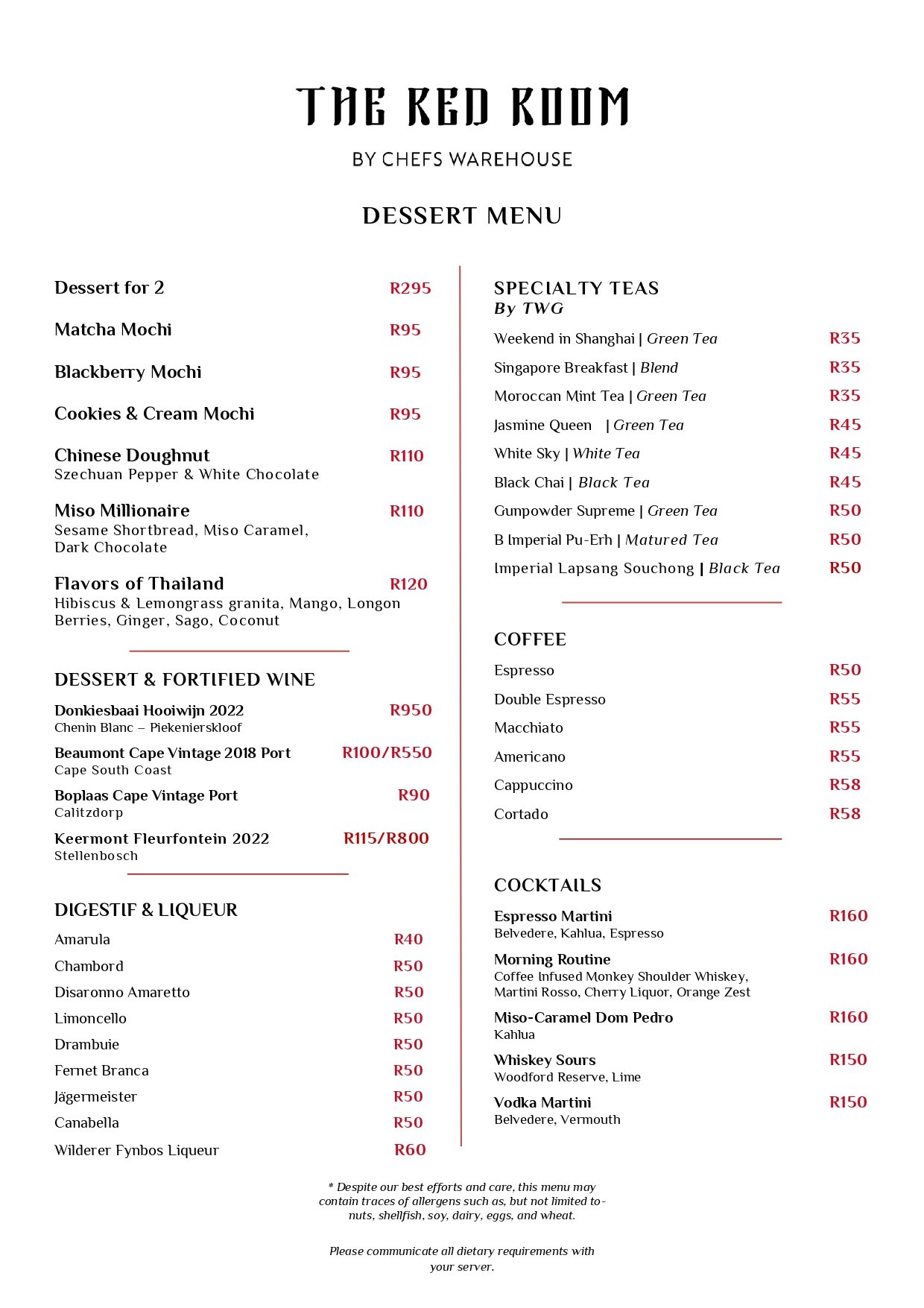 Menu: The Red Room — Chefs Warehouse