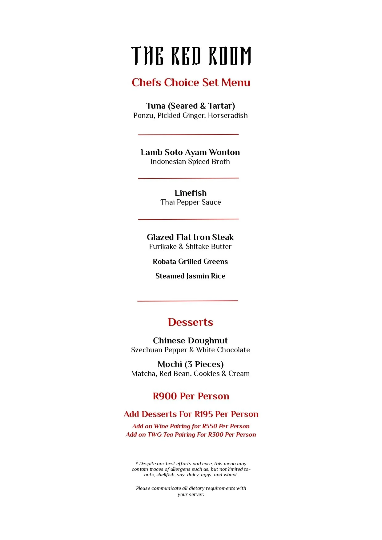 Menu: The Red Room — Chefs Warehouse