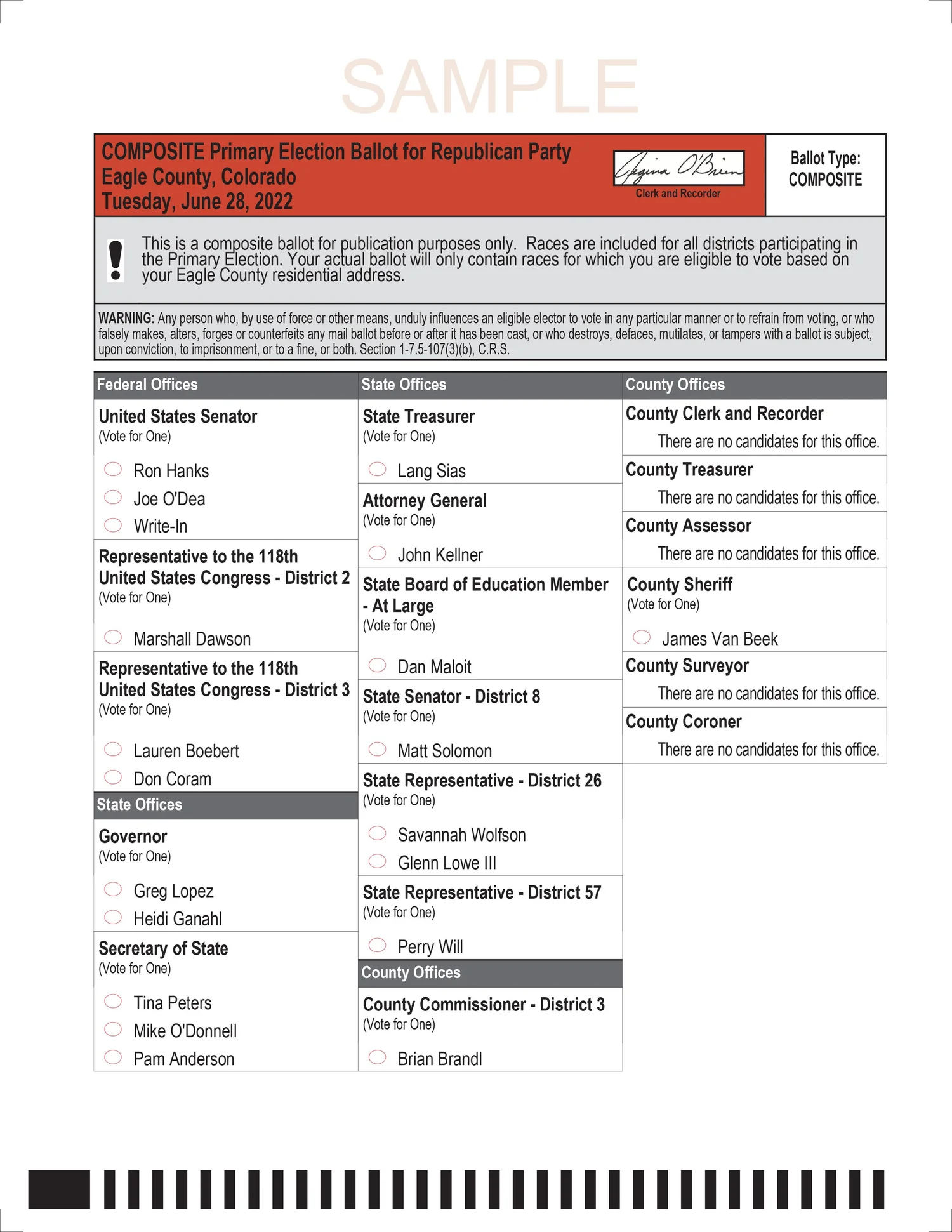 View Sample Primary Ballot — Eagle County Republican Party
