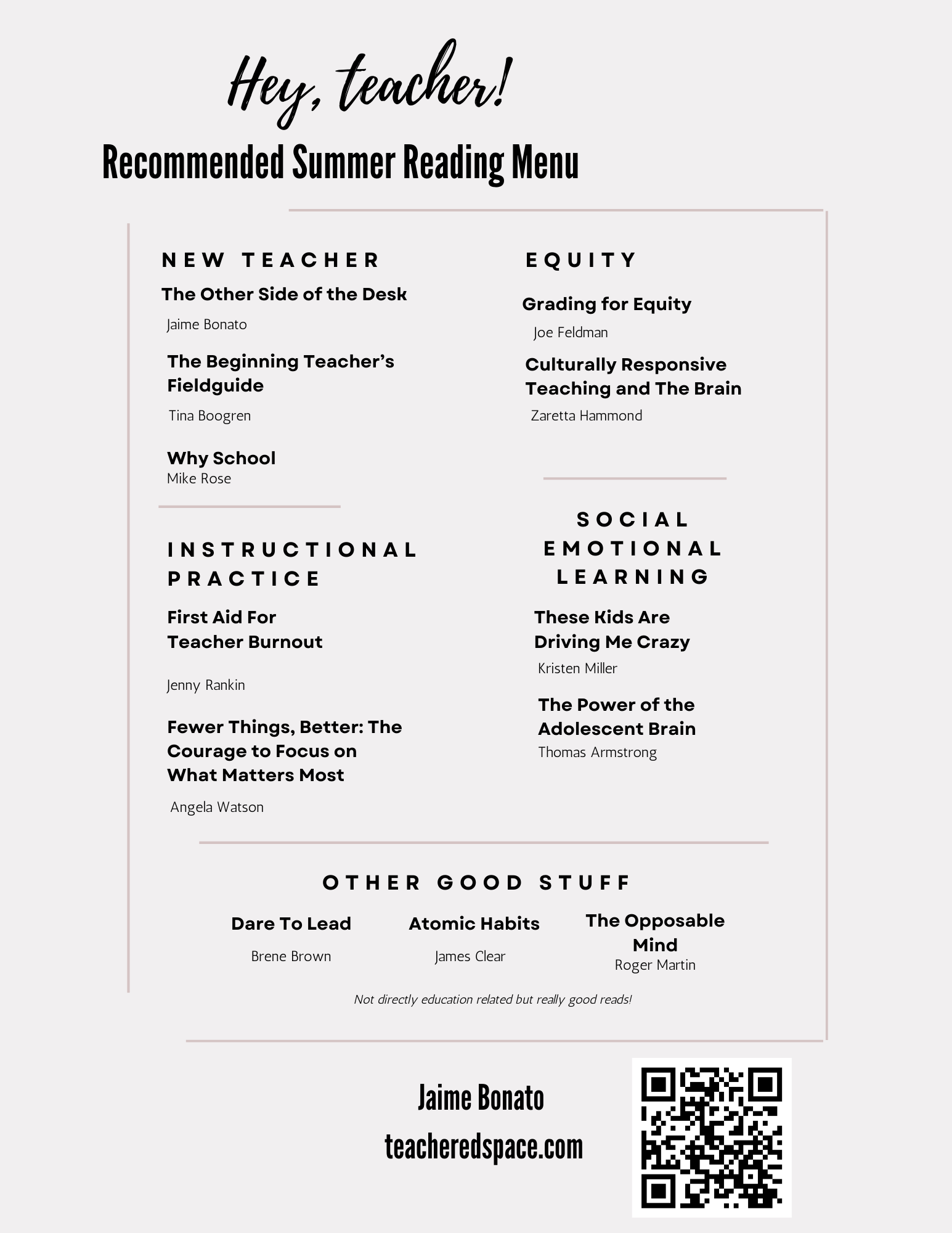 Summer Reading Menu for Teachers — Teacher Education Space Jaime Bonato