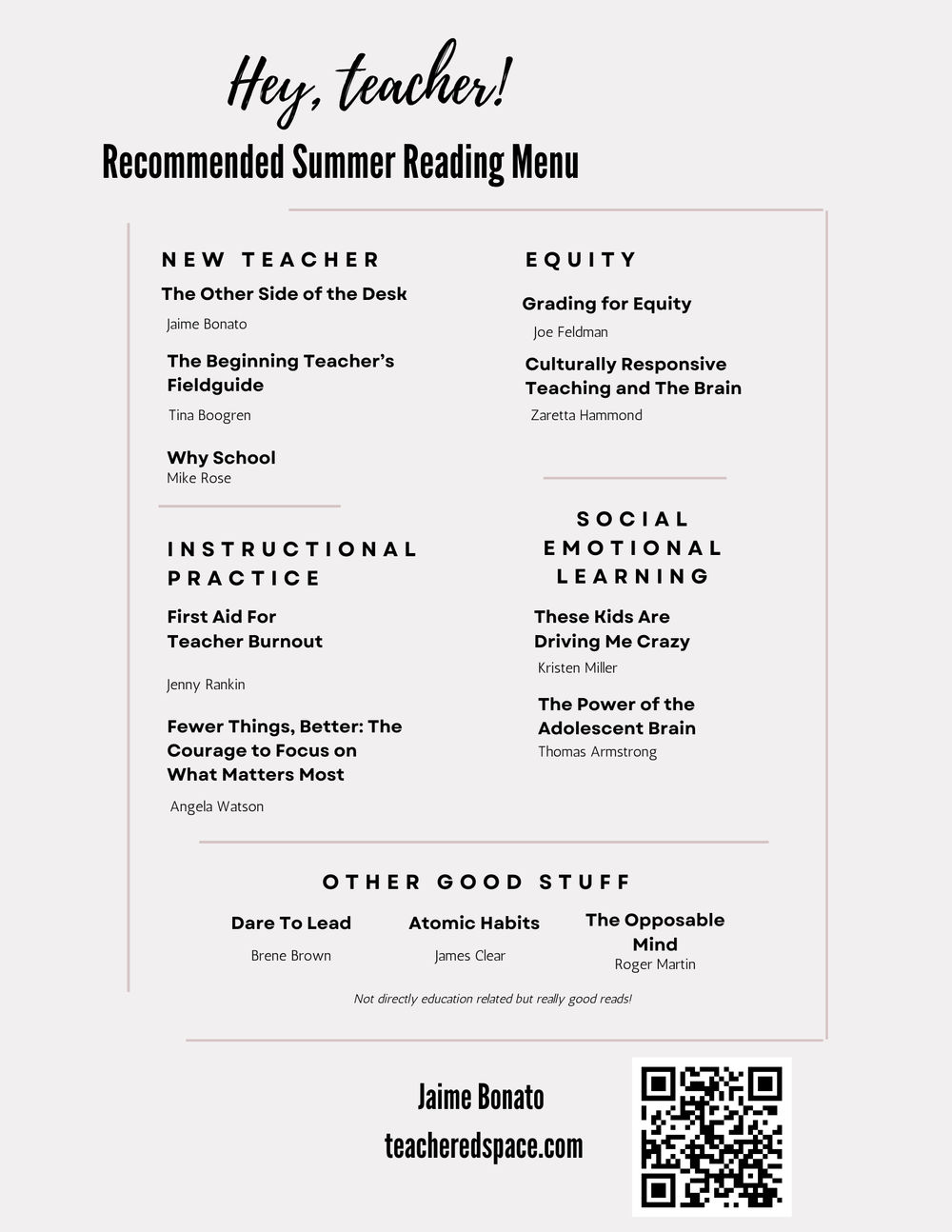 Summer Reading Menu for Teachers — Teacher Education Space Jaime Bonato