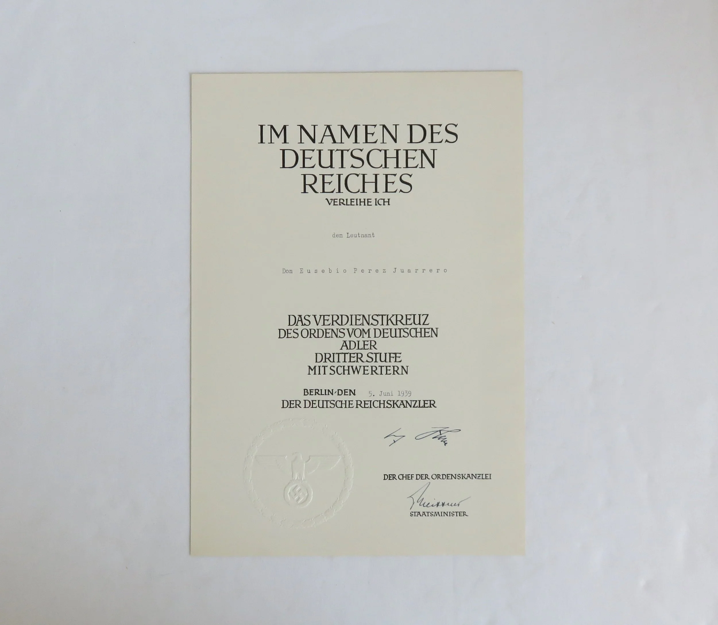 Germany. Award Certificate for Order of German Eagle 3rd Class w ...