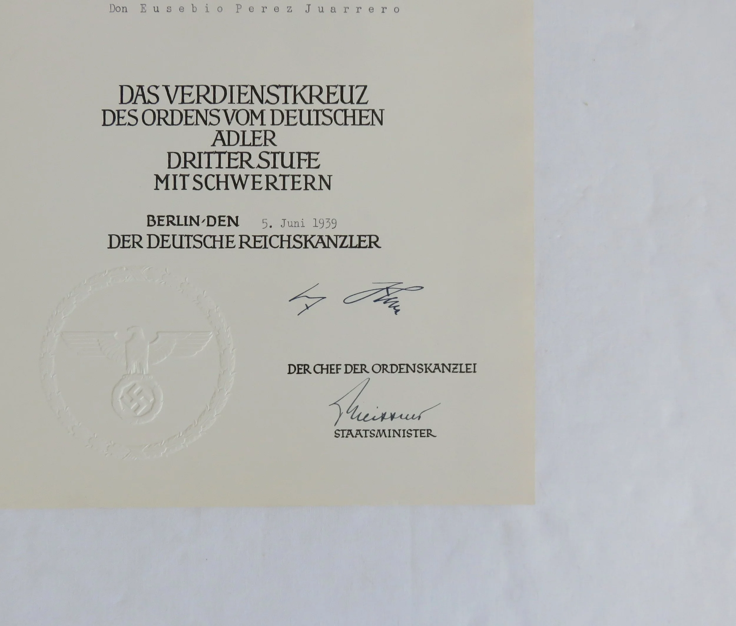 Germany. Award Certificate for Order of German Eagle 3rd Class w ...