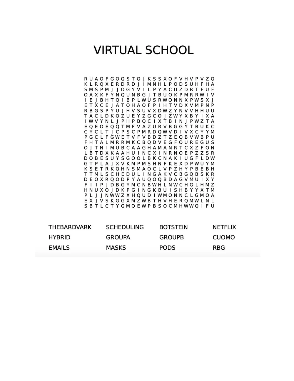 Virtual School Word Search — The Bardvark